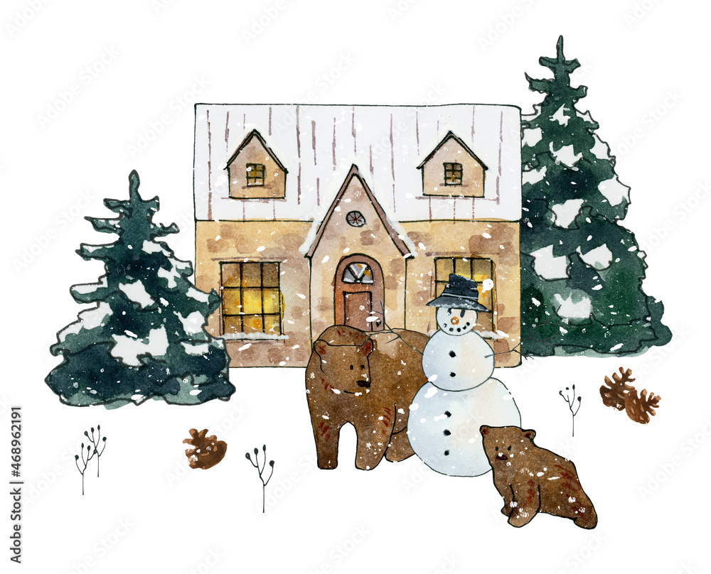 winter landscape clipart, watercolor christmas house, woodland animals ...