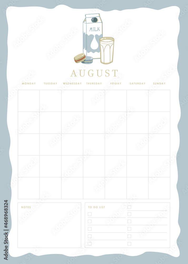 Vertical vector page undated empty August planner template page with ...