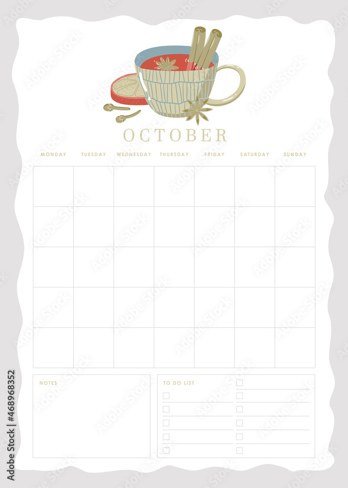 Vertical vector page undated empty October planner template page with ...