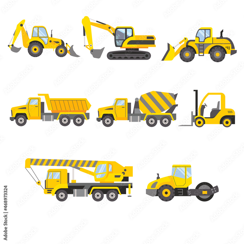 Set of construction machinery. Special machines for construction work ...