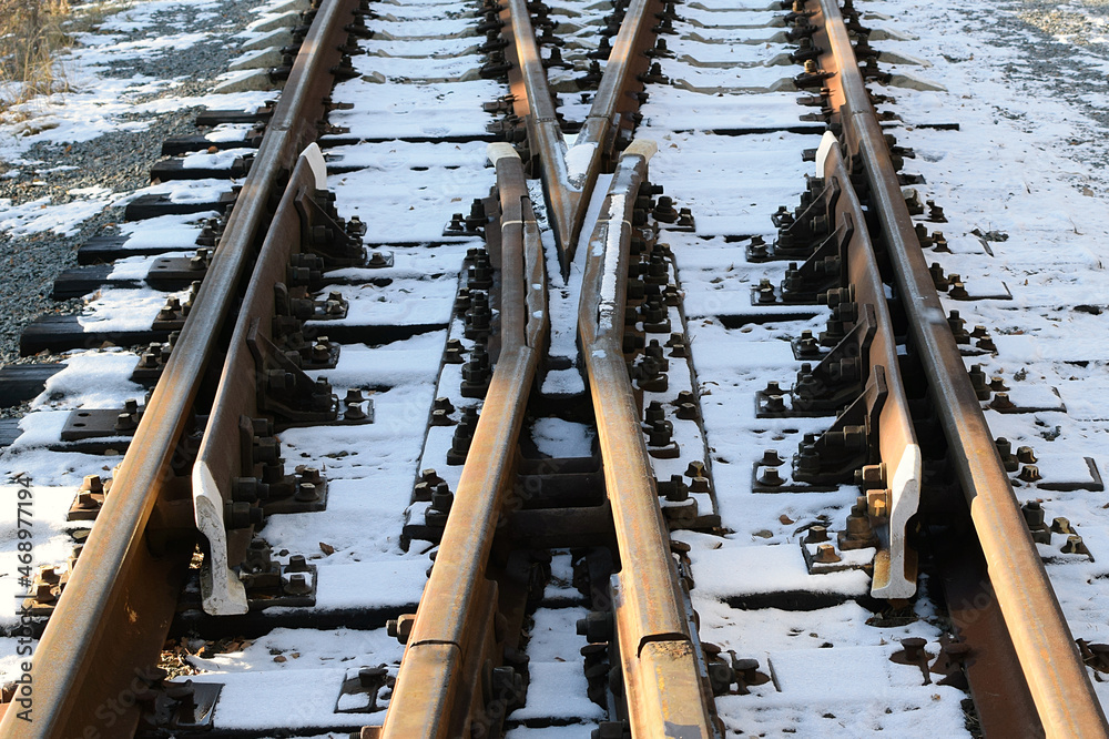 Image of an empty railroad track. Crossing railway tracks. Narrow gauge ...