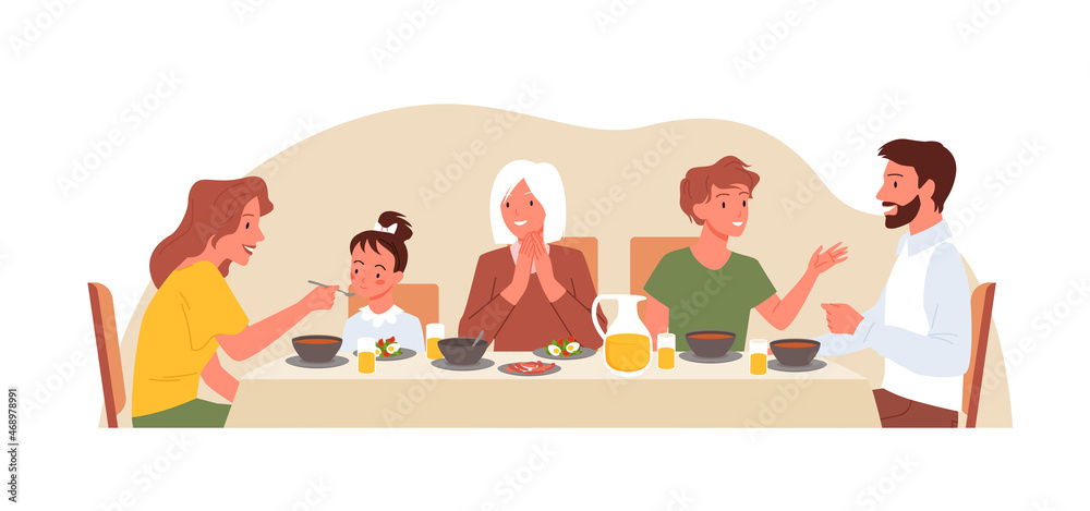 Cartoon mother feeding little daughter, father, son, grandmother ...