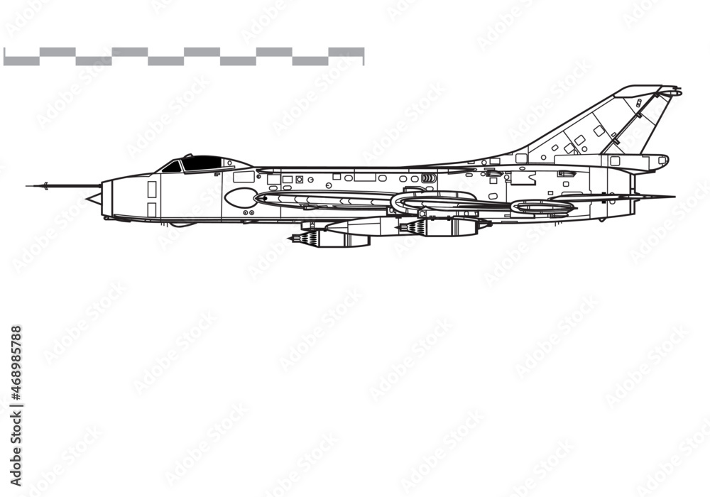 Sukhoi Su-7B Fitter-A. Vector drawing of fighter-bomber aircraft. Side ...