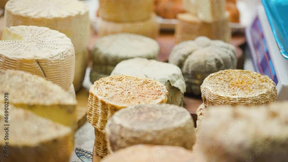 Many different types of cheese. Wheels of cheese lie in rows on the ...