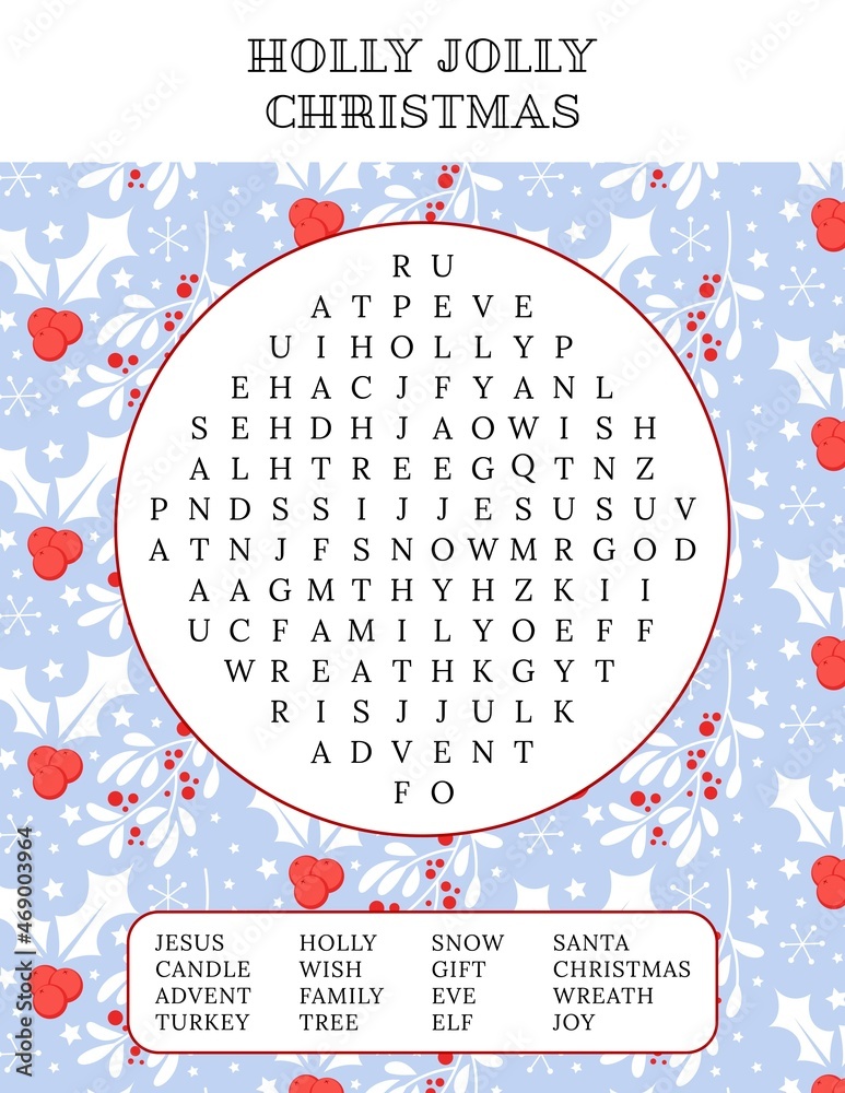 Holly Jolly Christmas word search puzzle. Holiday party game card ...