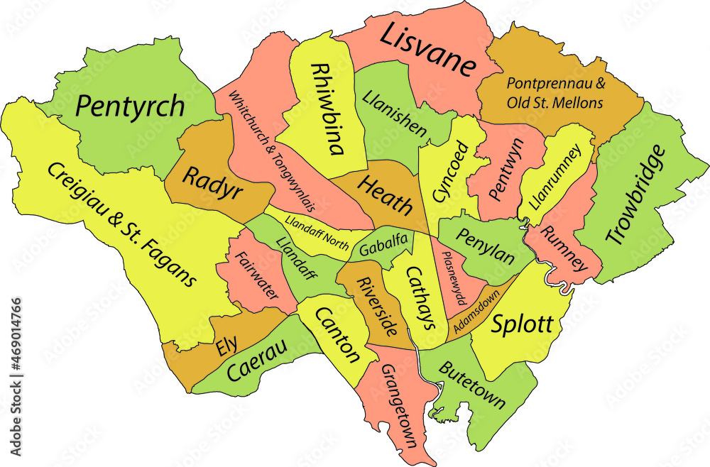 Simple pastel vector map with black borders and name tags of urban city ...