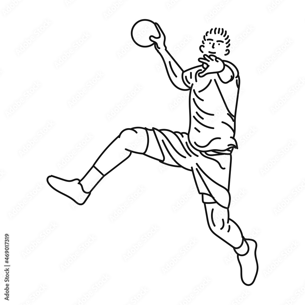Vector black line sketch illustration of a handball player Stock Vector ...