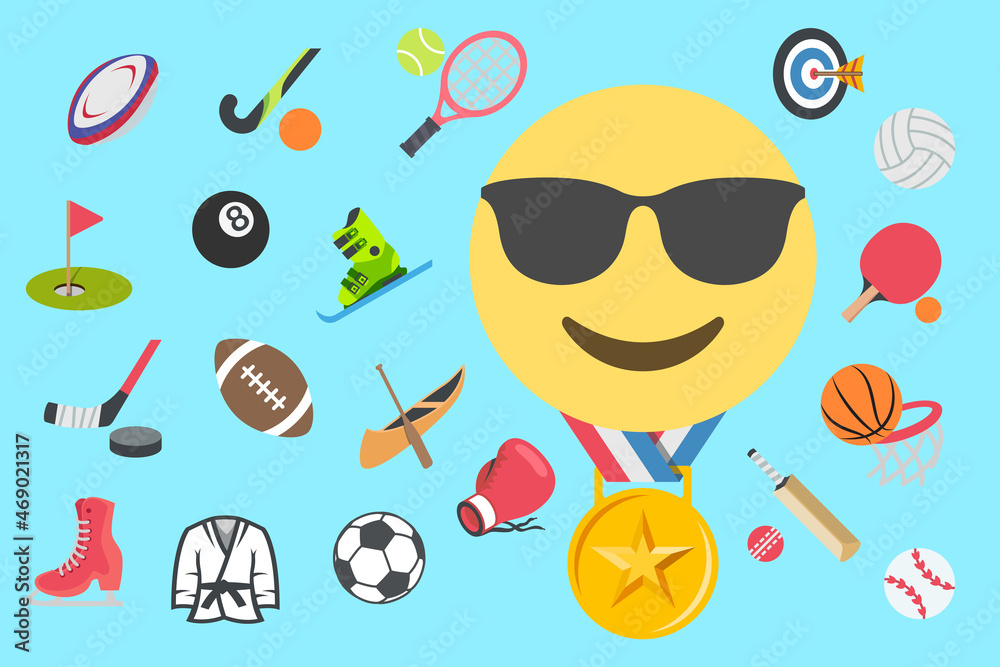 cool face emoji with gold medal amid sports icons pattern on light blue ...