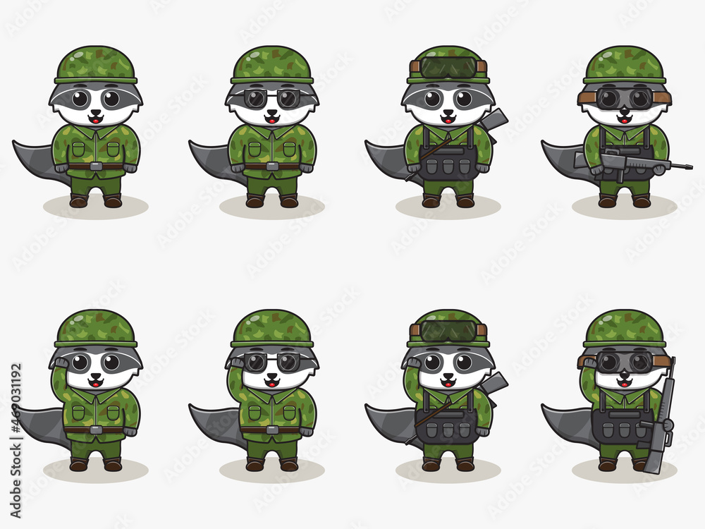 Cute Raccoon Army cartoon. Set of Animal soldiers. flat animal cartoon ...