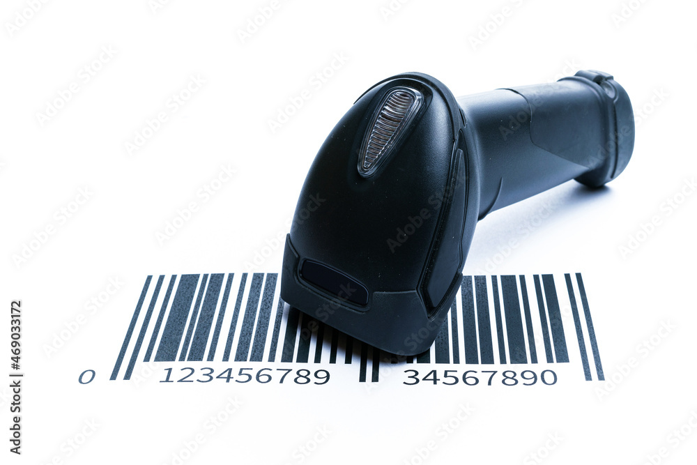 Barcode scanning. Reader laser scanner for warehouse. Retail label ...