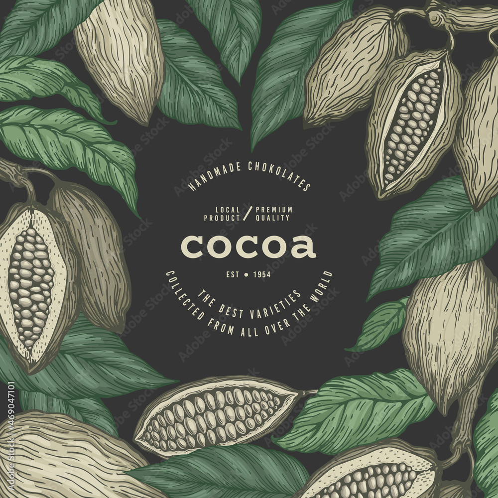 Cocoa color banner template. Chocolate retro cocoa beans background ...
