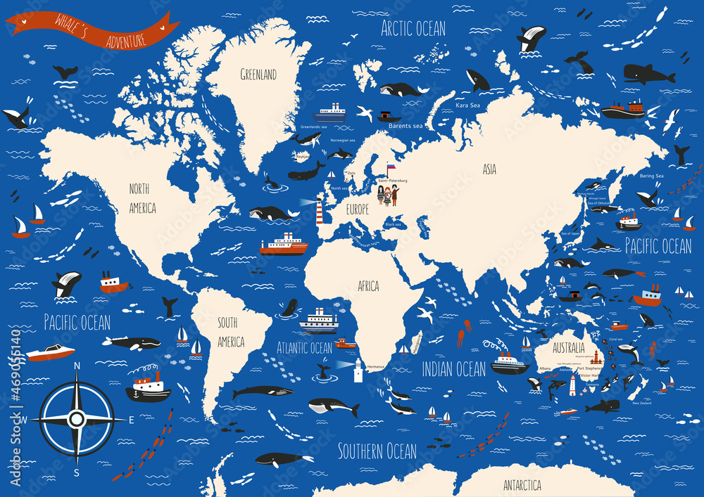 Cartoon vector world map of whales, ships, sailboat, hand drawn ...