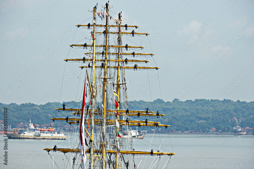 Surabaya, Indonesia, 01,January,2021. The navy sailing ship performs ...