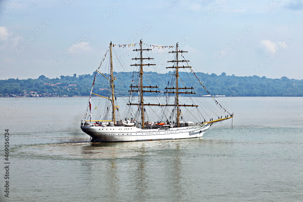 Surabaya, Indonesia, 01,January,2021. The navy sailing ship performs ...