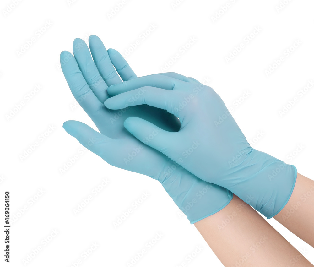 Medical gloves. Two blue surgical gloves isolated on white background ...
