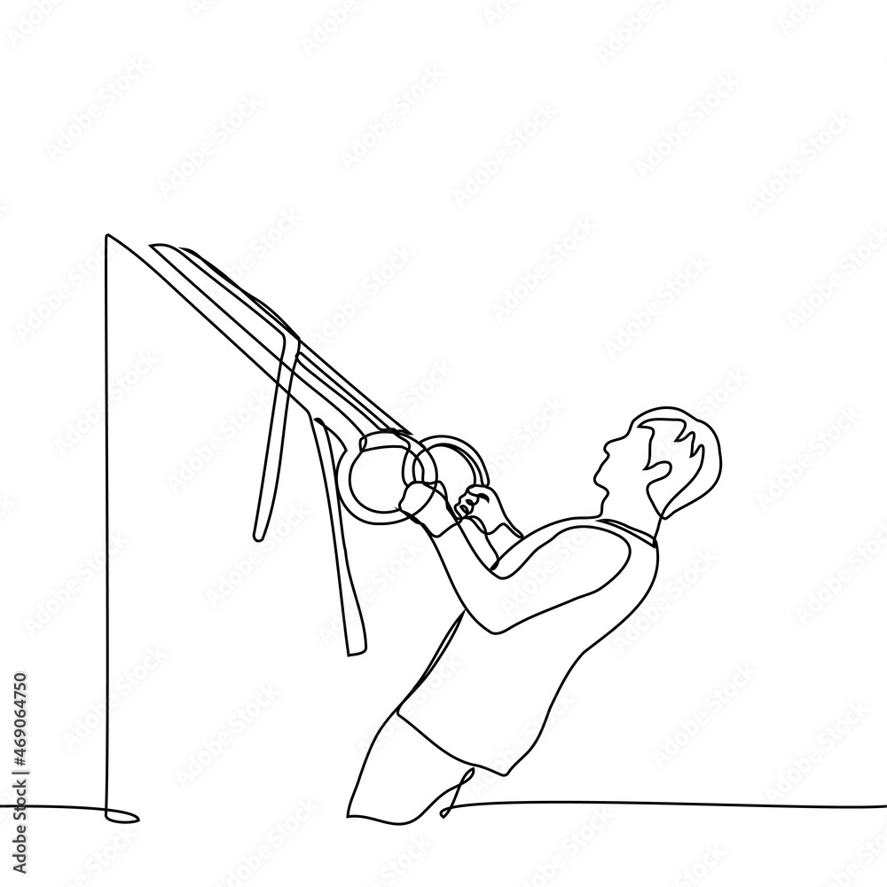 man doing exercises on the rings in the gym - one line drawing vector ...