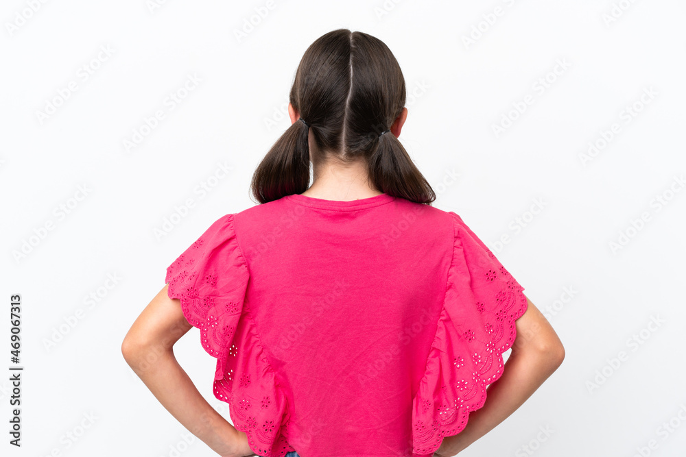 Little caucasian kid isolated on white background in back position ...
