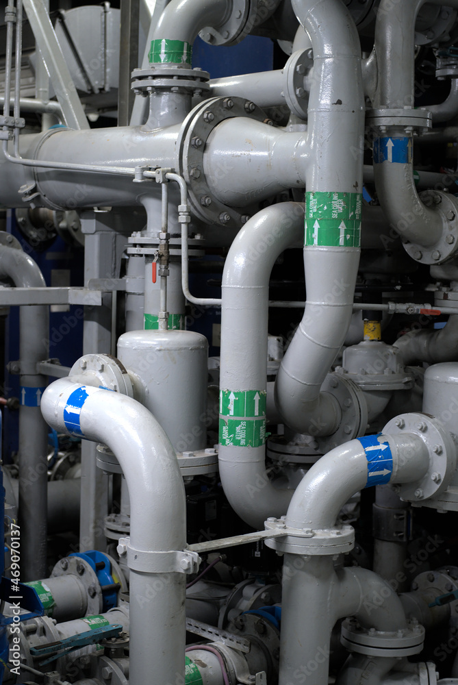 Industrial Piping and valves. Modern Ship interior - Pipe and valve ...