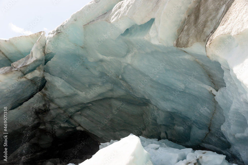 Nature background of glacier surface with cracks. Icy wall and blocks ...