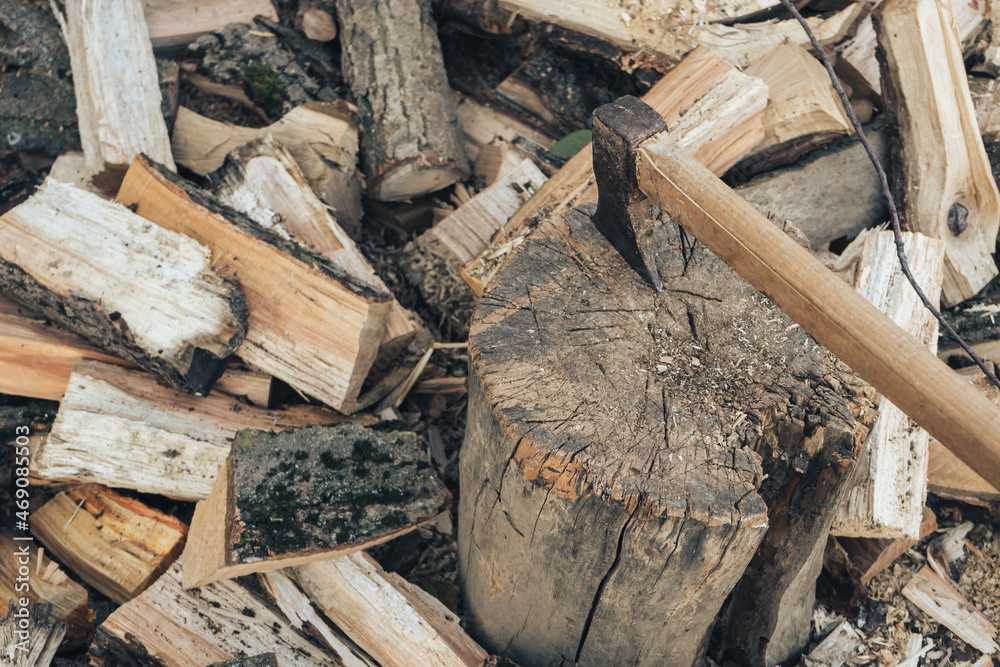 The ax lies on the wood. Firewood chopping. Preparation of firewood for ...