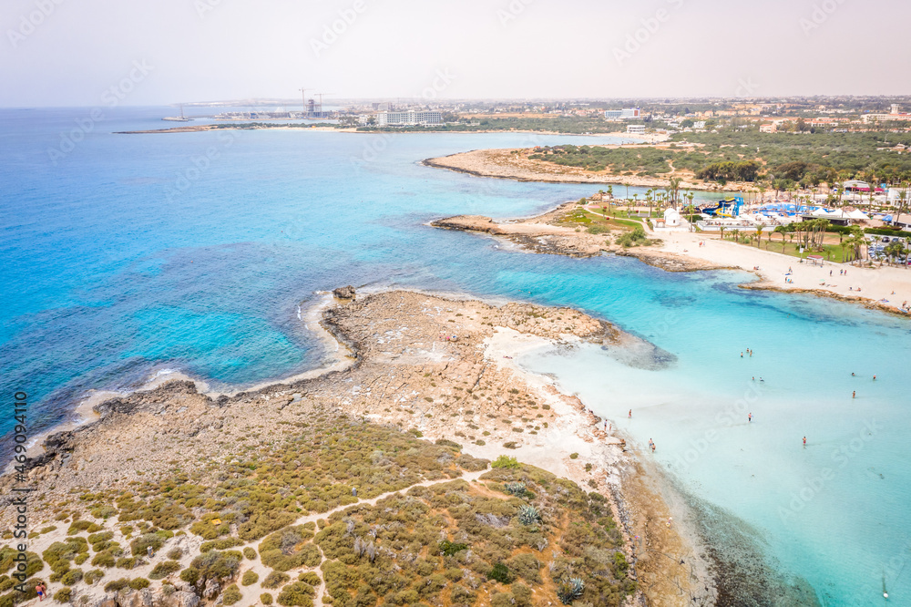 Aerial view of the most famous beaches in Cyprus - Nissi Beach. White ...
