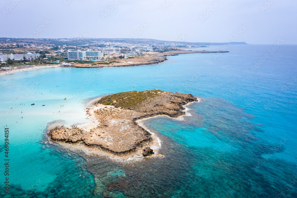 Aerial view of the most famous beaches in Cyprus - Nissi Beach. White ...