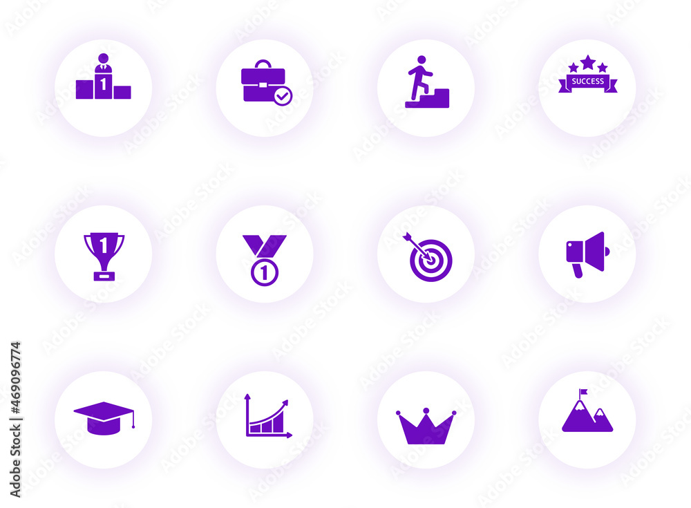 success purple color vector icons on light round buttons with purple ...