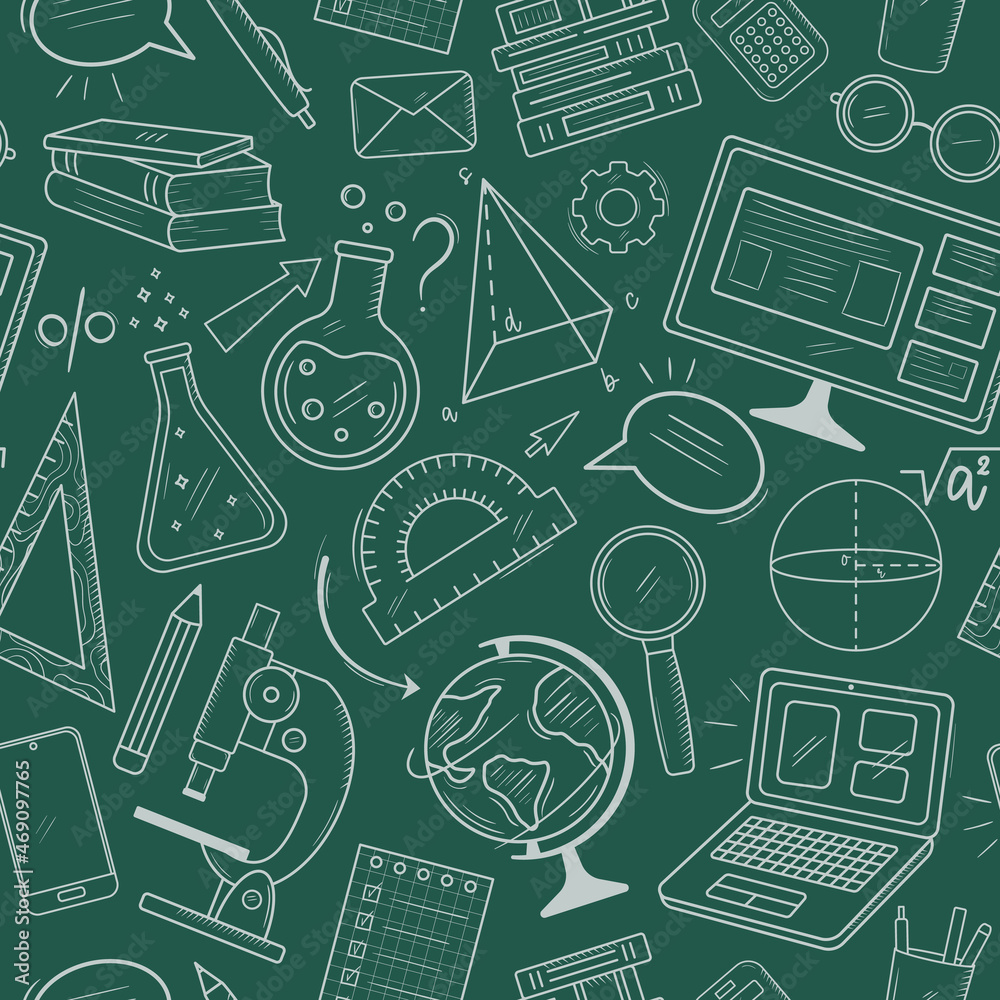 Vector green background with online education symbols. Learning ...