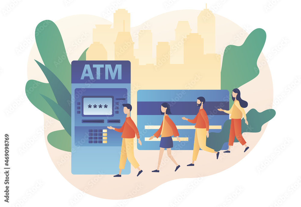 ATM concept. Tiny people waiting in line near atm machine holding ...
