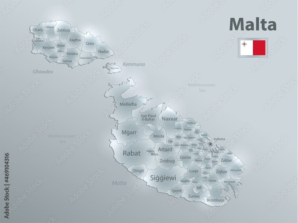 Malta map and flag, administrative division, separates regions and ...