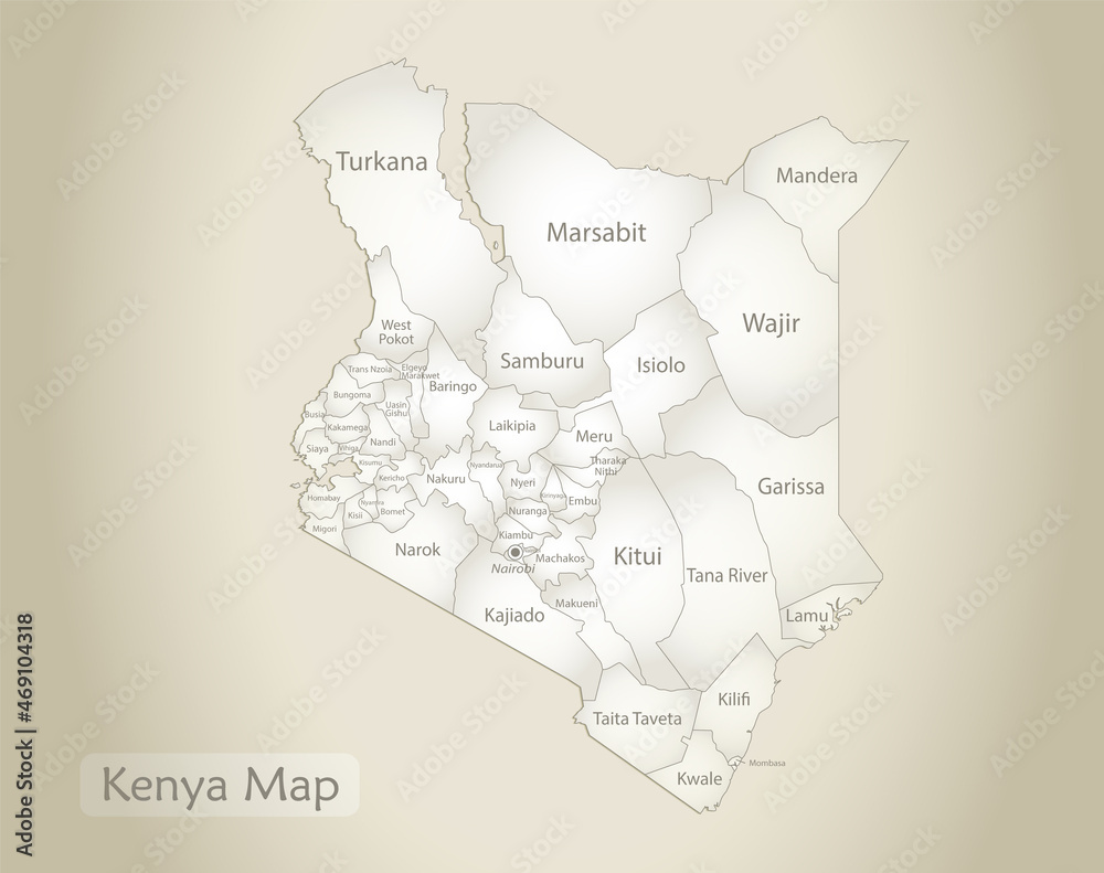 Kenya map, administrative division with names, old paper background ...