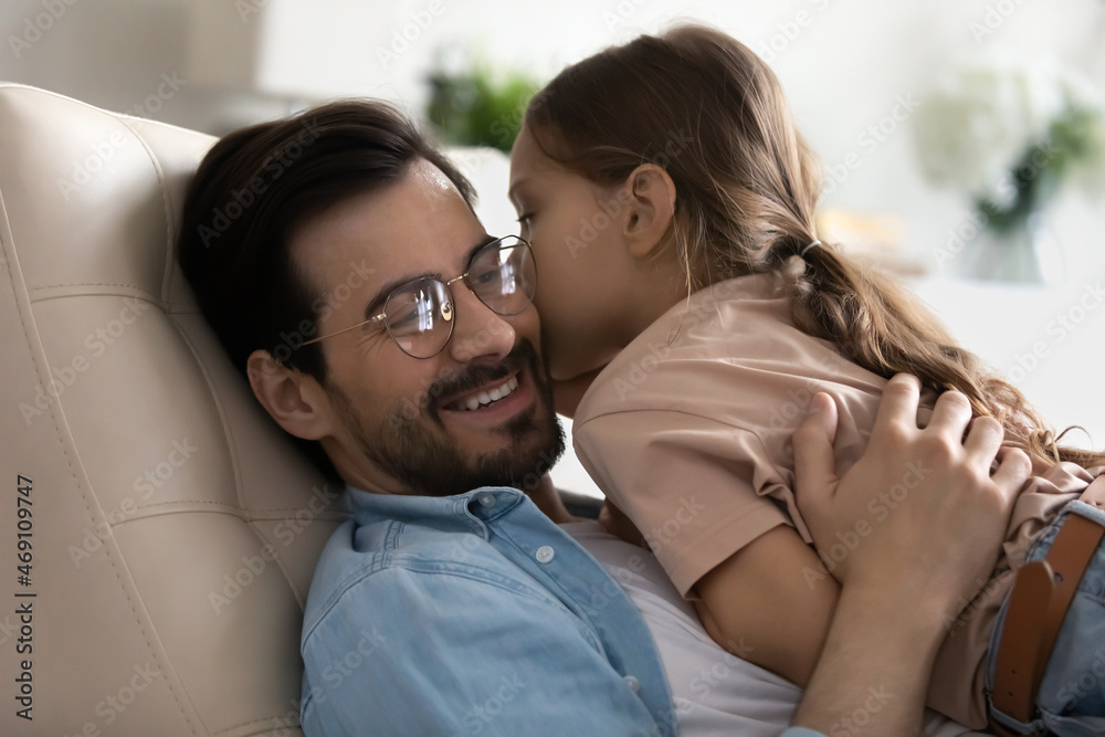 Close up happy father in glasses and little daughter talking, hugging ...