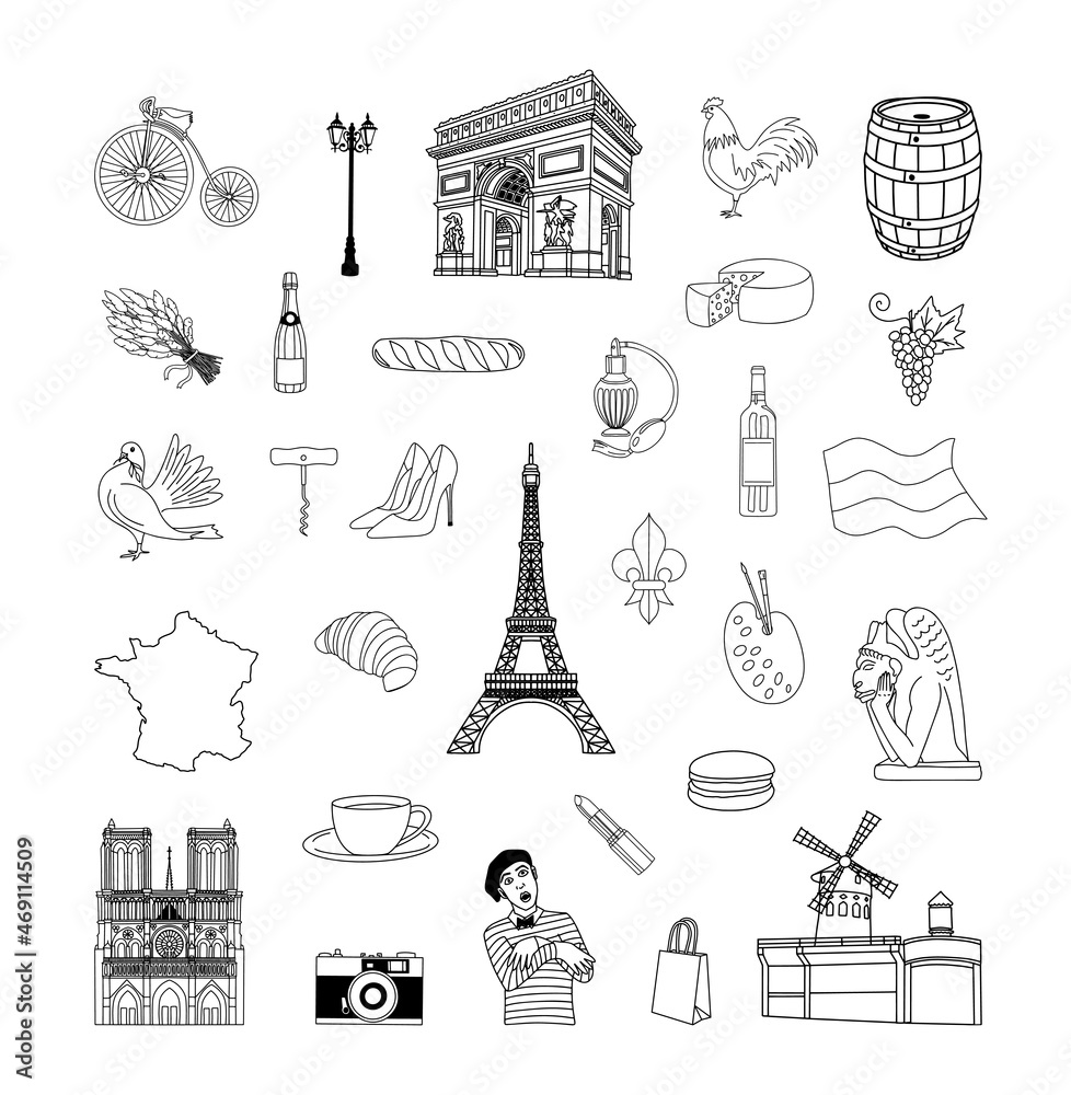 Collection of line drawings of France. Illustrations for coloring pages ...