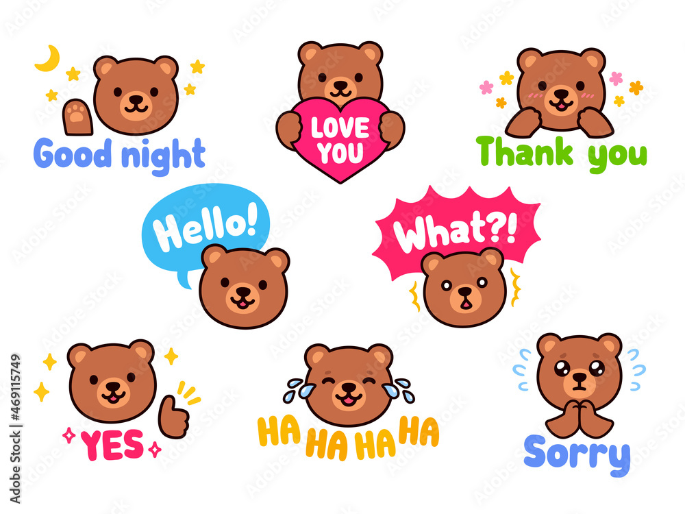 Cute cartoon bear sticker set Stock Vector | Adobe Stock
