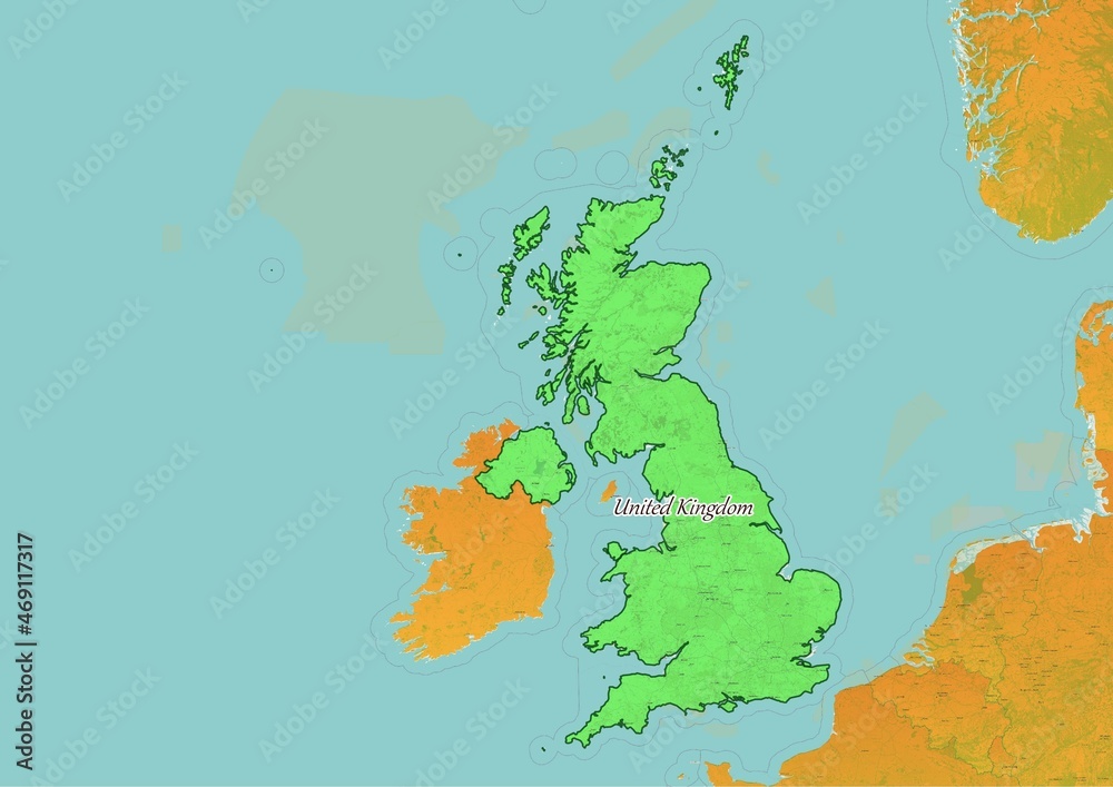 United Kingdom map showing country highlighted in green color with rest ...