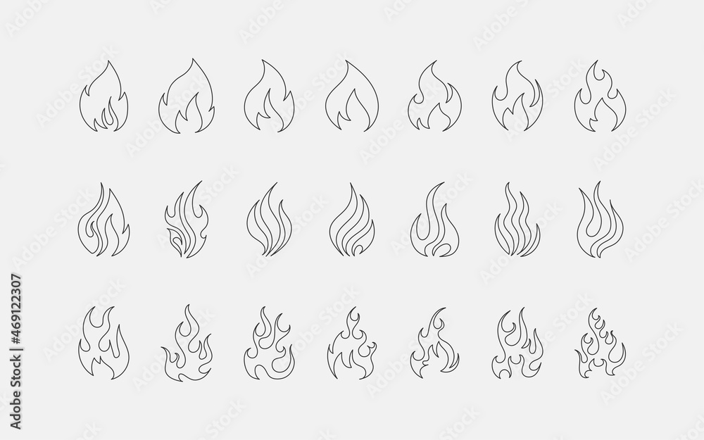 Fire flame icon, thin line style, flat design collection vector. Simple ...