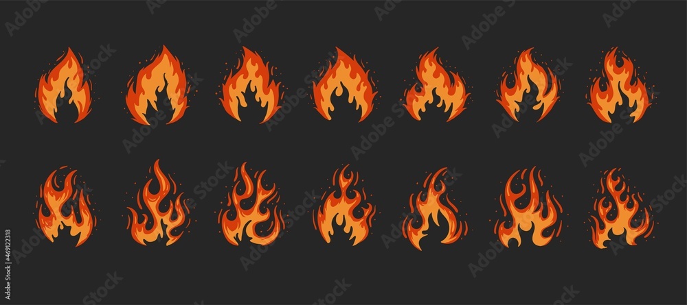 Cartoon fire flame icon collection vector. Red fire, fire element ...