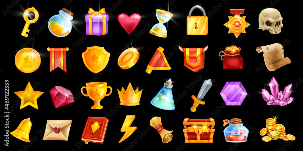 Game icon set, vector casino UI slot badge kit, golden achievement ...