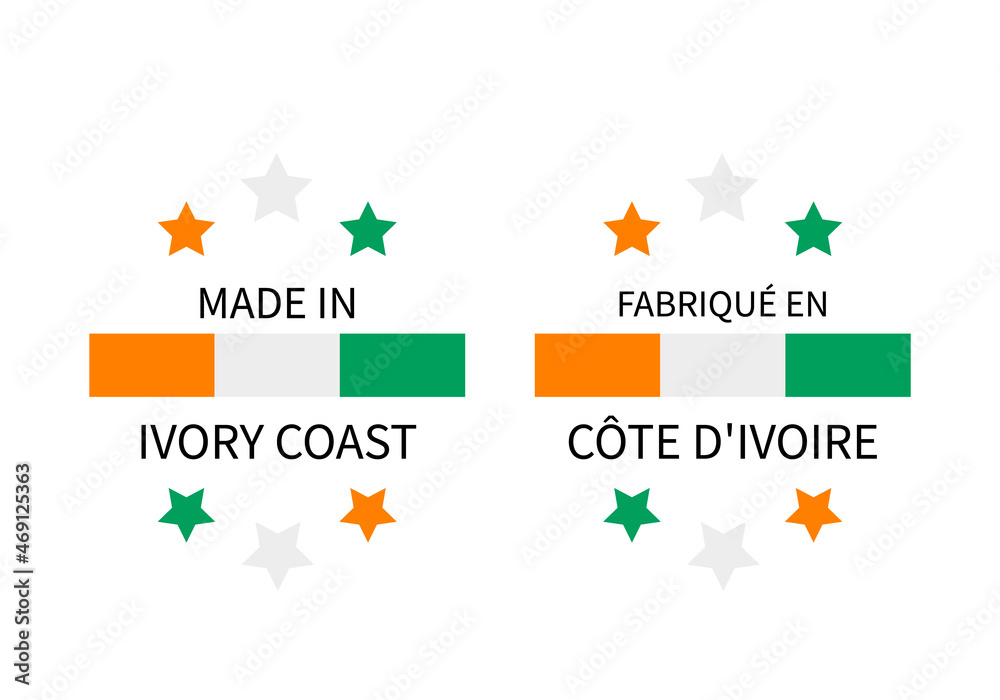 Made in Ivory Coast labels in English and in French languages. Quality ...