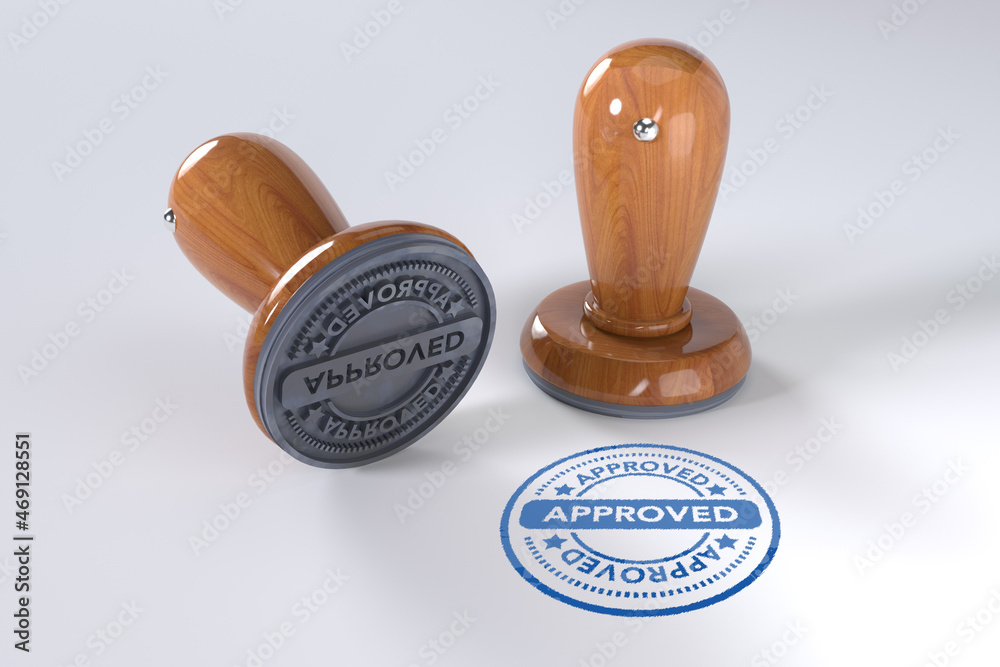 Approved stamp. Wooden round stamper and stamp with text Certified on ...