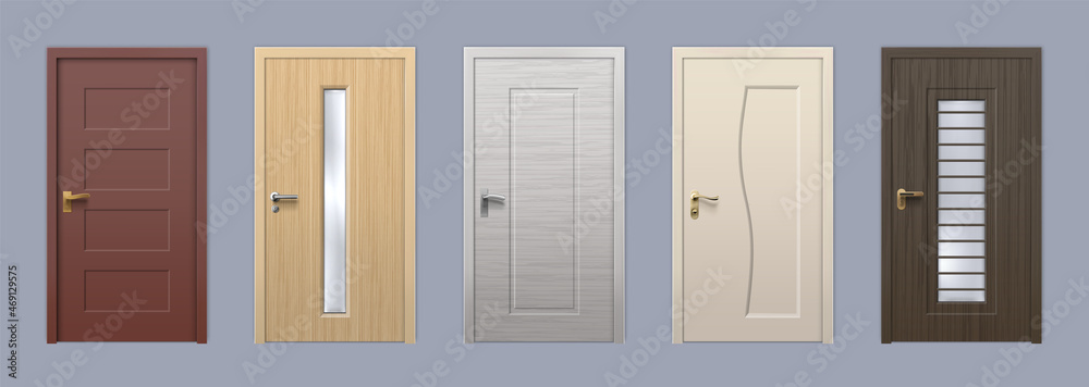 Realistic modern wooden doors, house and room entrance. 3D front door ...