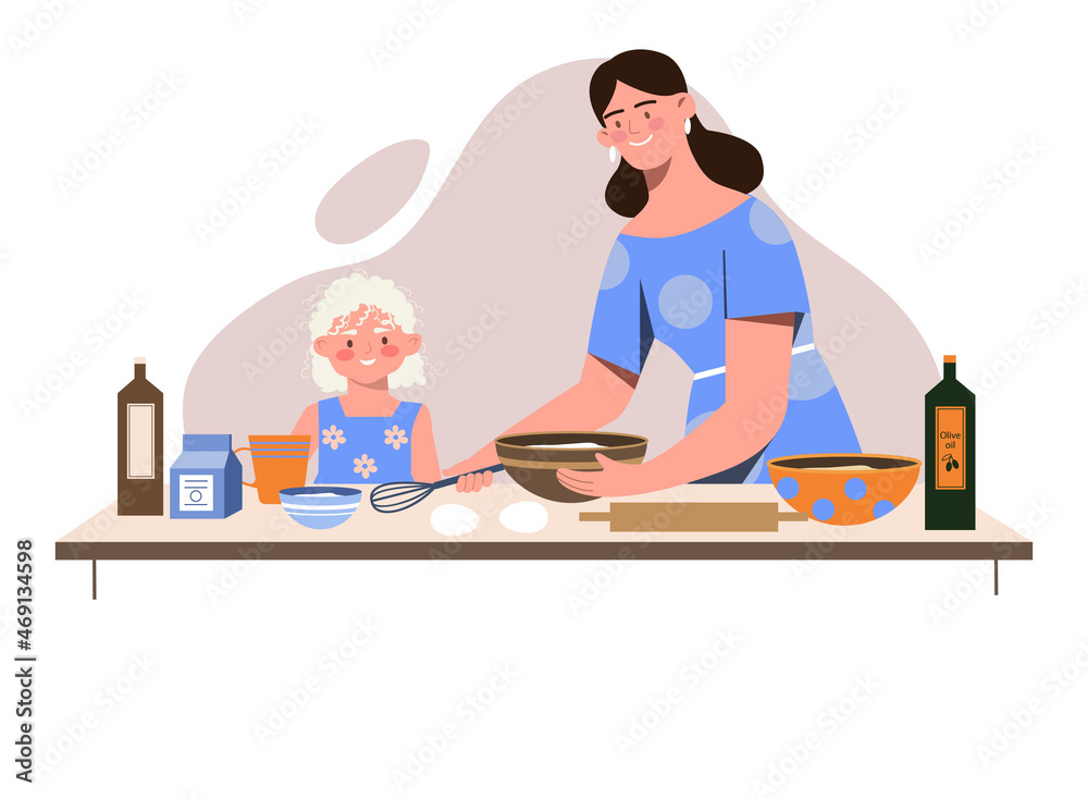 Mom and daughter cook. Family dinner, characters want to please their ...