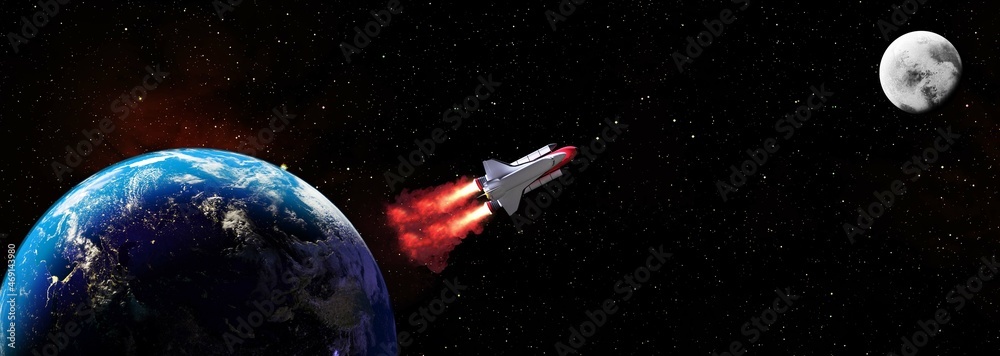 Spaceship in the outer space on orbit of Earth planet. Space shuttle in ...