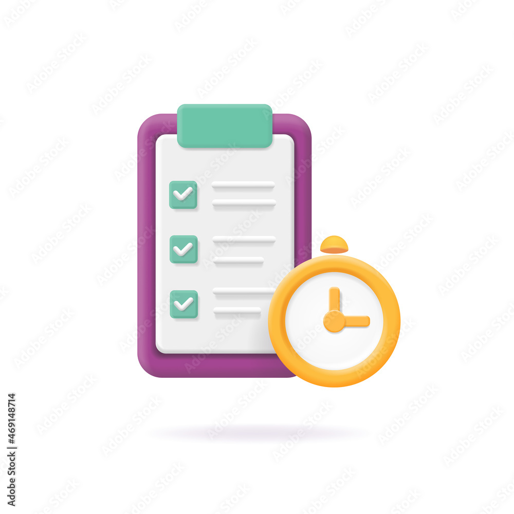 Timing concept with clock and check list on clipboard isolated. to do ...