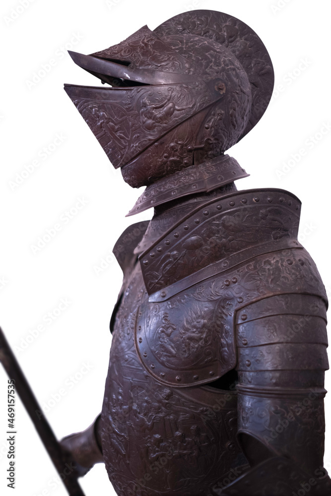 DOORWERTH, NETHERLANDS - NOVEMBER 04 2021: Old iron medieval armor with ...