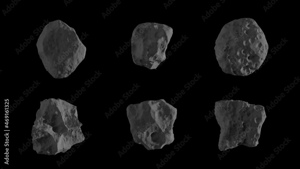 6 gray asteroids, meteors flying in the space isolated on a black ...