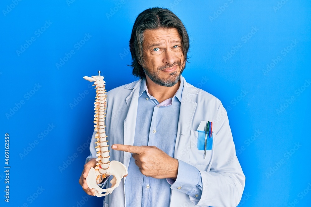 Middle age handsome traumatologist man holding anatomical model of ...