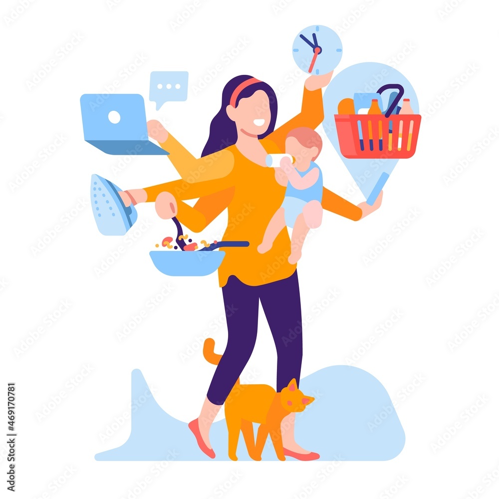 Domestic tasks woman. Mom hero houseworking. Simultaneous execution ...