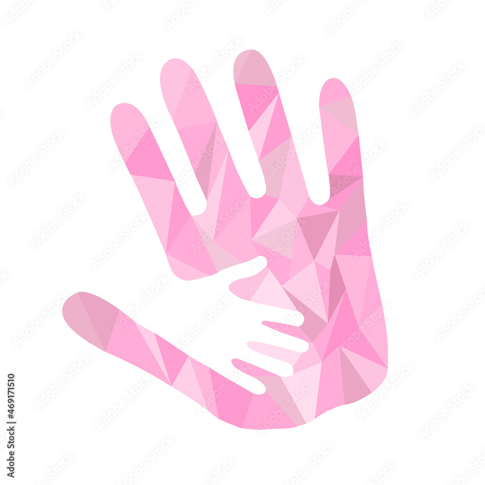 Hand in pink glove. Logo with silhouette hand in hand showing care ...