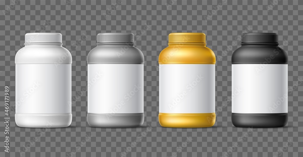 Protein container mockup. Realistic black, silver and gold plastic jars ...
